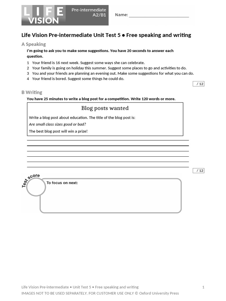 Life Vision Pre-Intermediate Unit 5 Test | PDF | Self-Improvement