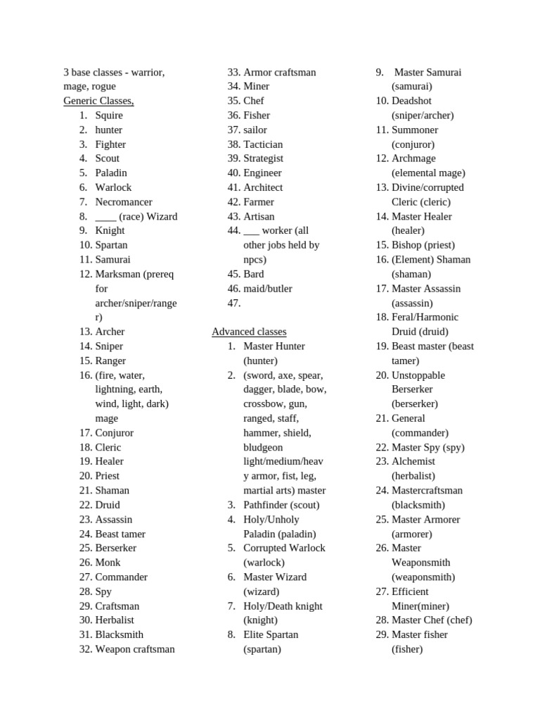 Comprehensive RPG Class and Race Guide | PDF