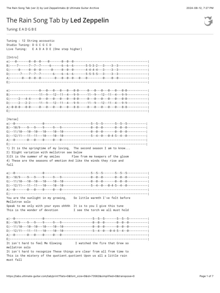 The Rain Song Guitar Tab | PDF | Irish Musical Instruments | Guitar ...