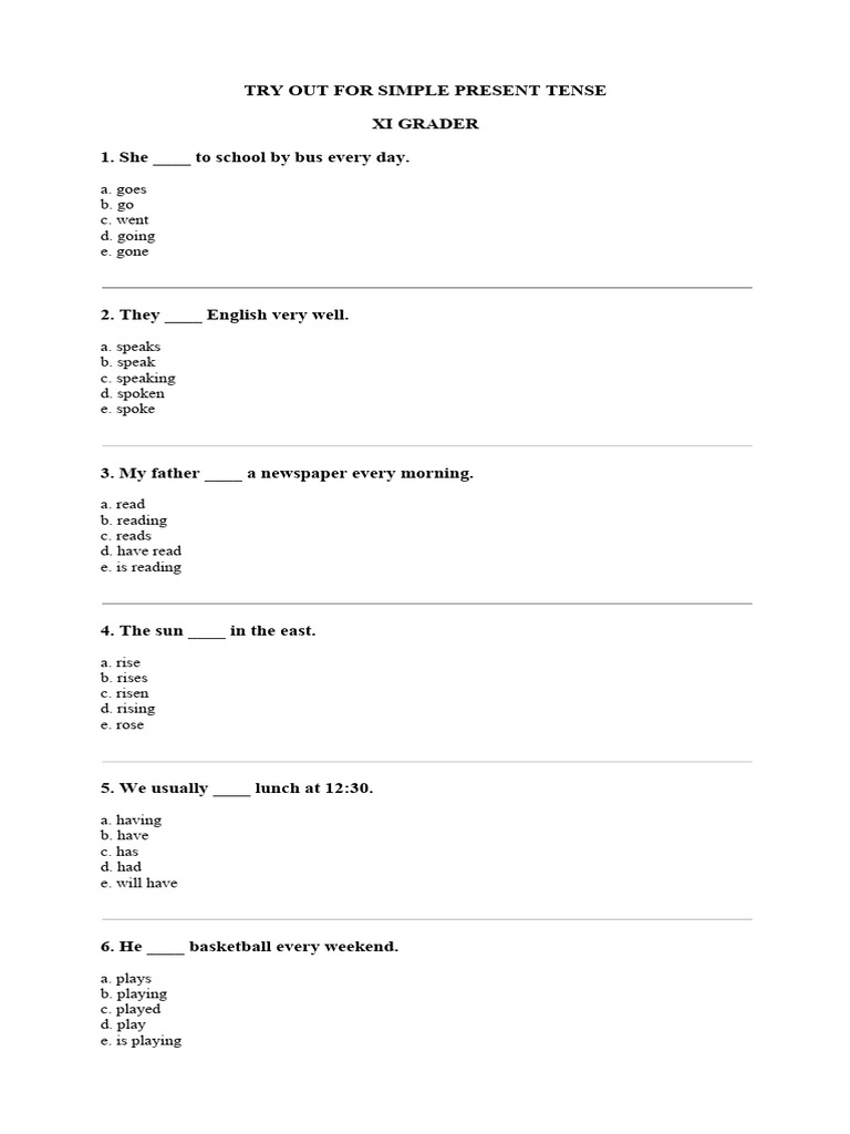 Try Out For Simple Present Tense | PDF