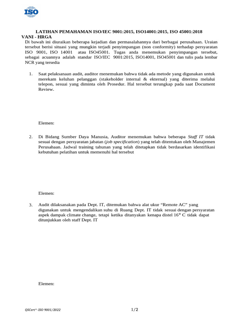 SHARE Simulasi Soal NCR Internal Audit ISO 9001-2015 | PDF