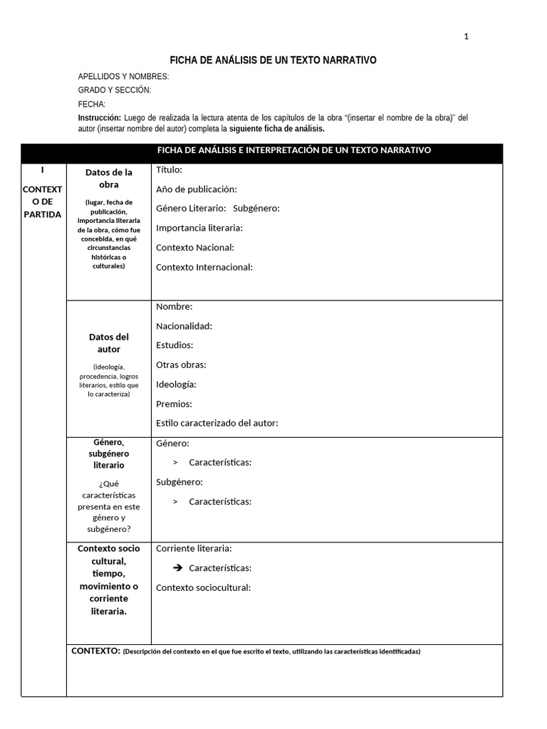 nuevo FICHA DE ANALISIS DE UN TEXTO NARRATIVO | PDF | Narrativa | Narración