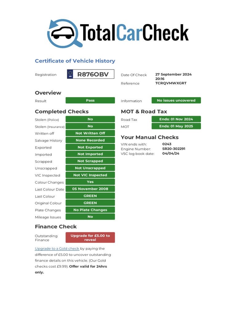 Vehicle History Check Summary | PDF | Fuel Economy In Automobiles ...