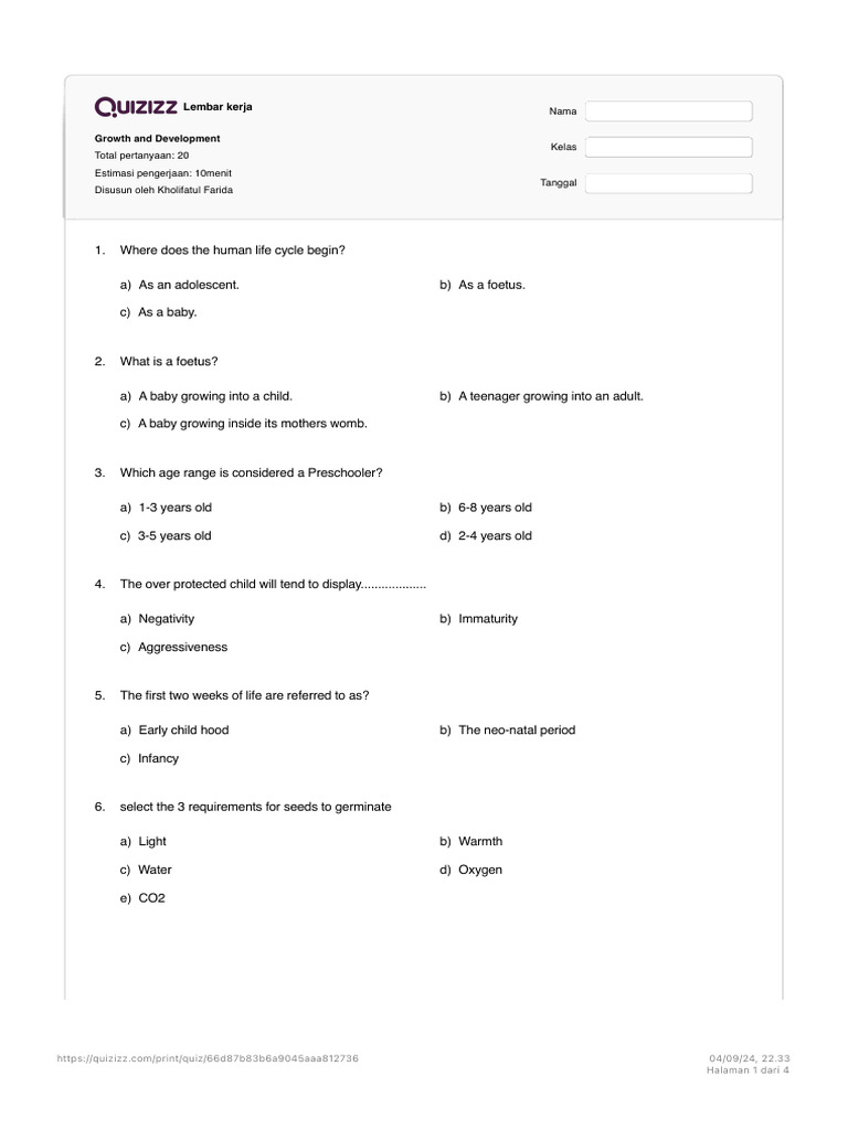 Growth and Development Worksheet Quiz | PDF | Root | Plants
