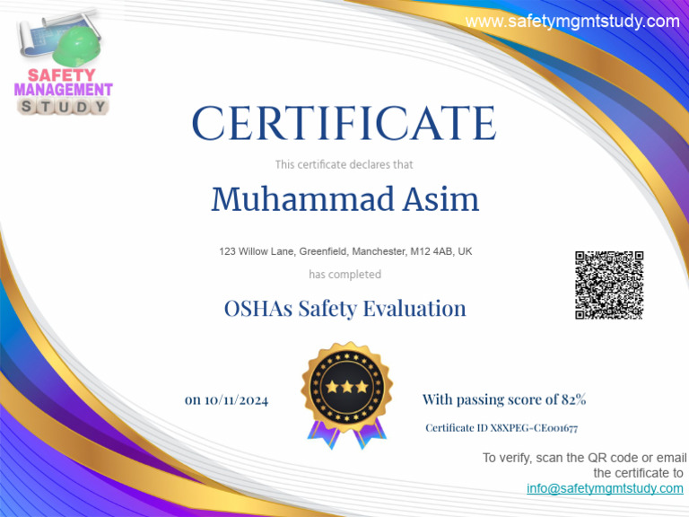 Certificate For Muhammad Asim For - OSHAs Safety Evaluation | PDF