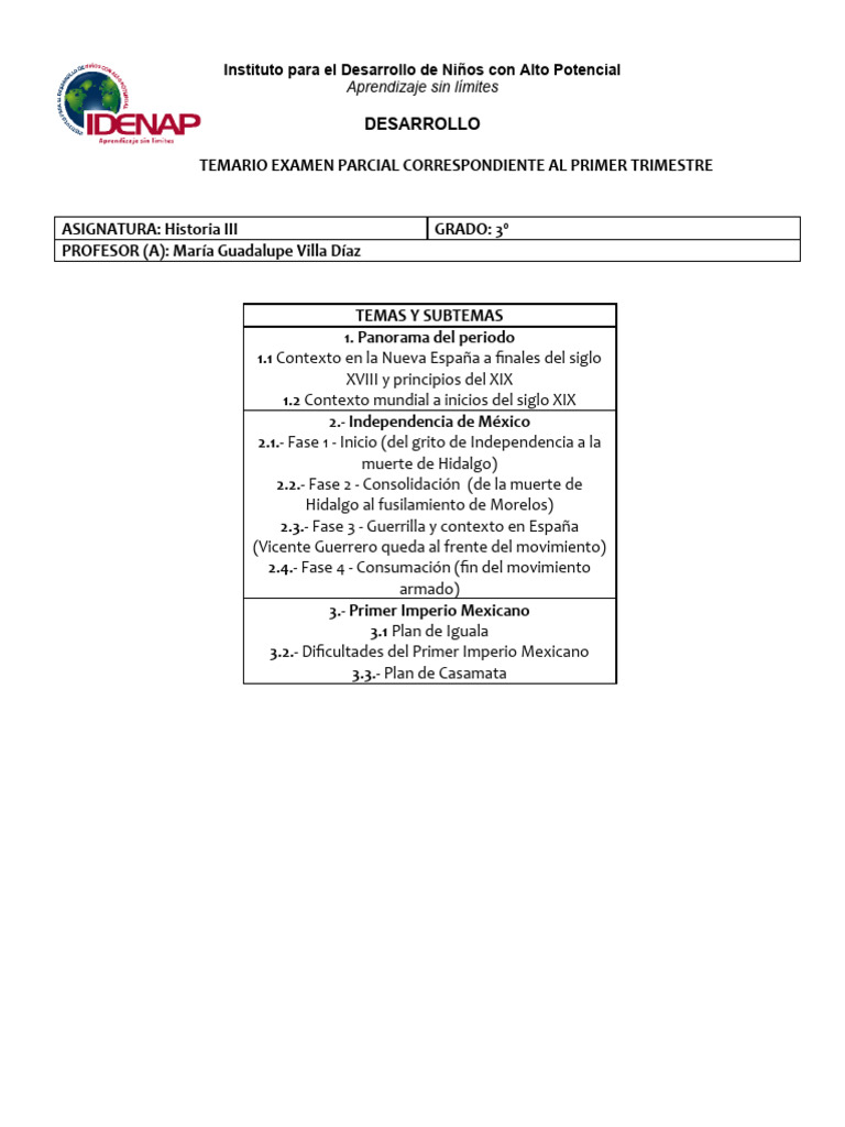 Historia 3 - Temario Examen Parcial Primer Trimestre | PDF