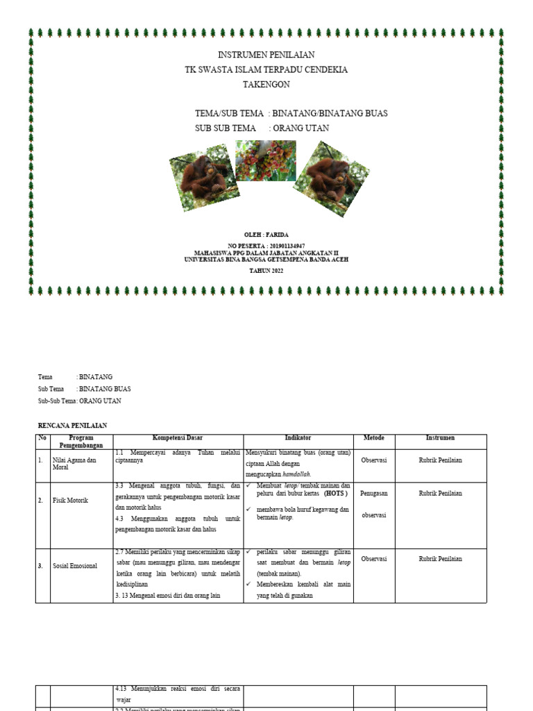 INSTRUMEN PENILAIAN - TEMA BINATANG - Compressed | PDF