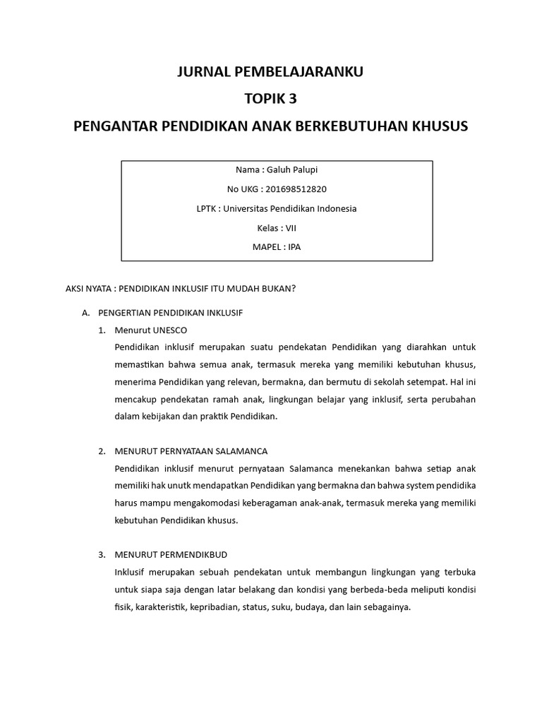 Jurnal Pembelajaranku Pengantar Pendidikan Anak Berkebutuhan Khusus | PDF