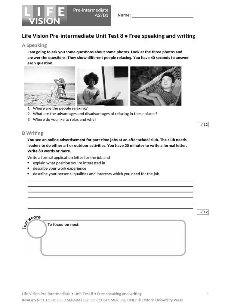 Life Vision Unit 8 Test: Speaking & Writing | PDF | Career & Growth