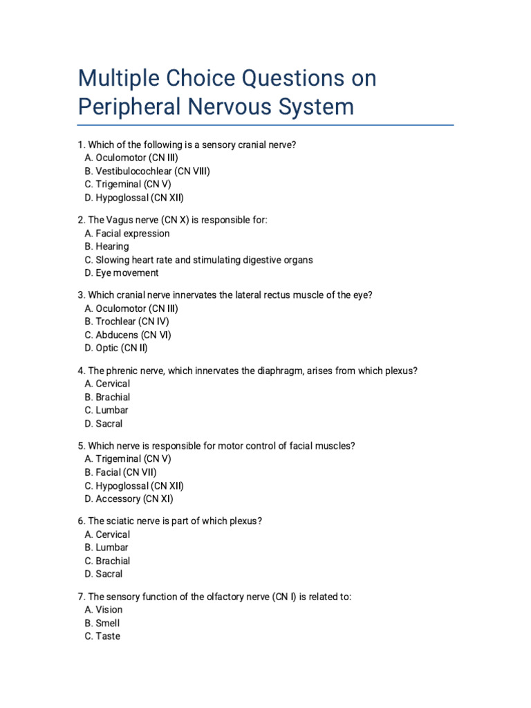 Peripheral Nervous System Quiz Questions | PDF | Nervous System ...