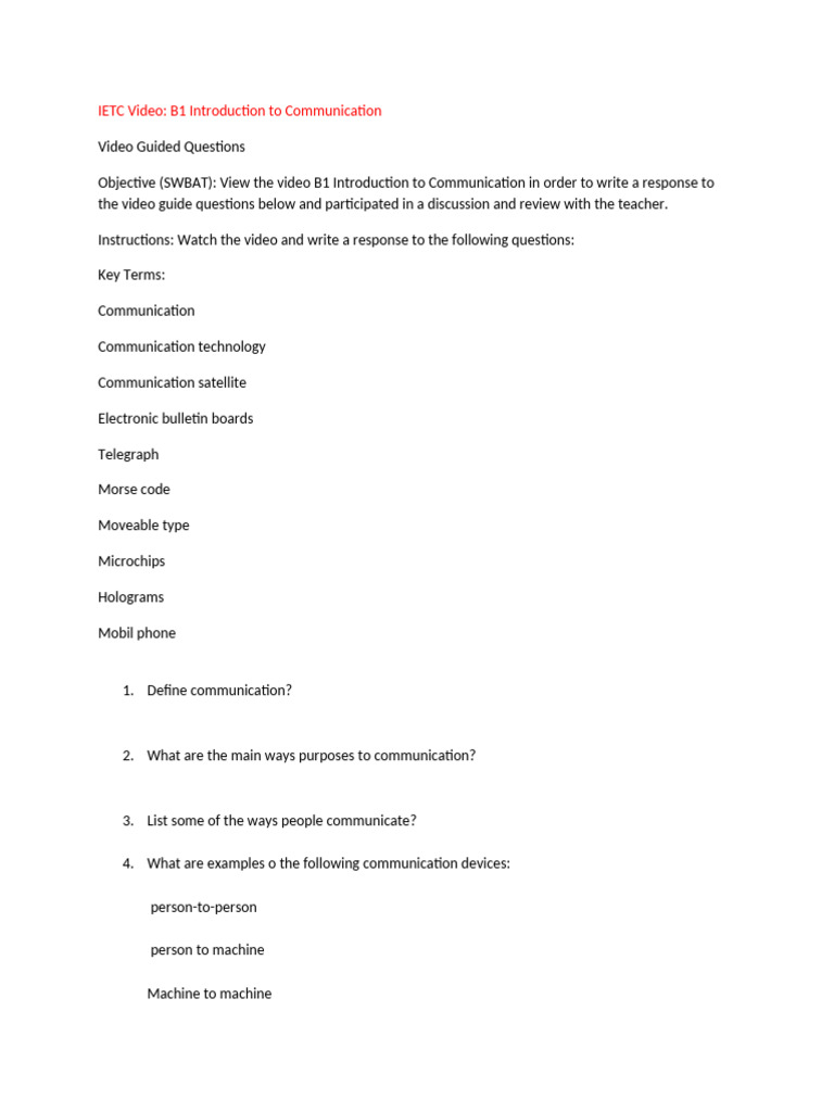 IETC Video B1 Introduction Communication Video Guide Questions | PDF | Computers | Technology ...