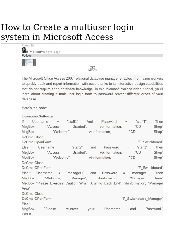 How To Create A Multiuser Login System in Microsoft Access | PDF How To Create A Multiuser Login System in Microsoft Access | PDF