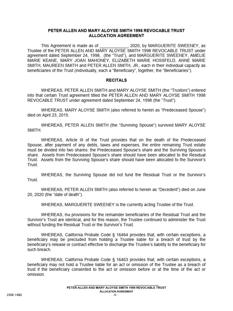 982 Smith Trust Allocation Agreement - FINAL | PDF | Expense | Debt
