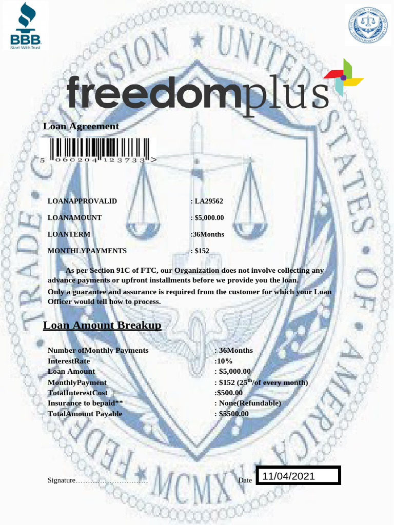 Approved Freedom Plus Loan Agreement 004 | PDF | Loans | Credit