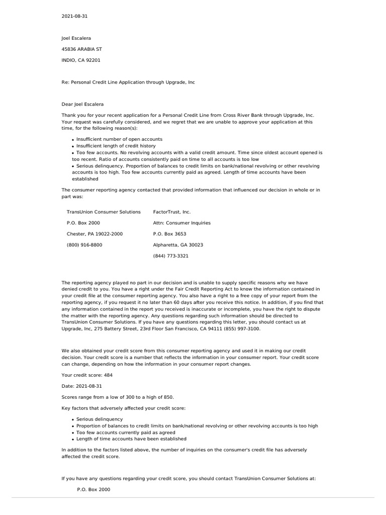 Adverse Action Notice | PDF | Credit | Finance & Money Management