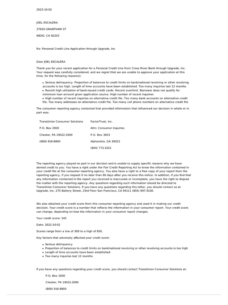 FactorTrust Credit Application Denial Notice | PDF | Credit | Finance ...