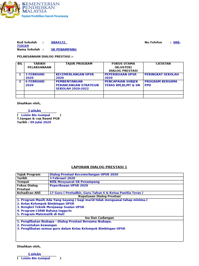 Contoh Pelaporan Dialog Prestasi | PDF