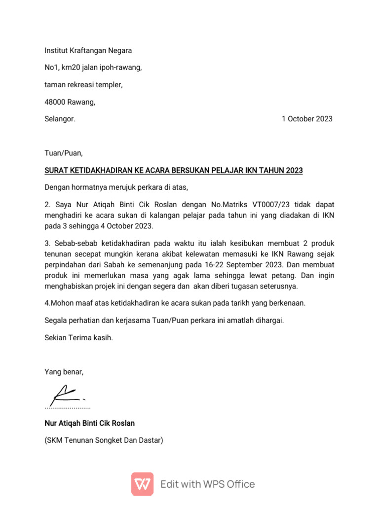 Surat Ketidakhadiran Ke Sukan Ikn | PDF