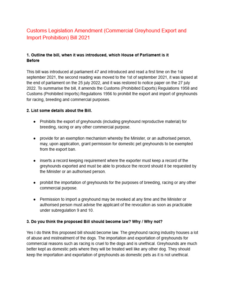 Customs Legislation Amendment (Commercial Greyhound Export and Import ...