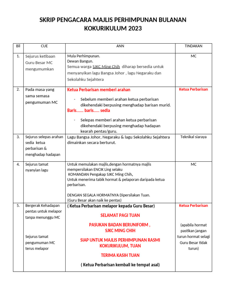 Skrip Pengacara Majlis Perhimpunan Bulanan Kokurikulum 2023 | PDF