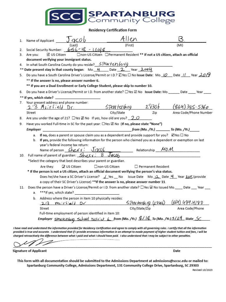 Final Revised Admissions Residency Certification Form | PDF | Identity ...