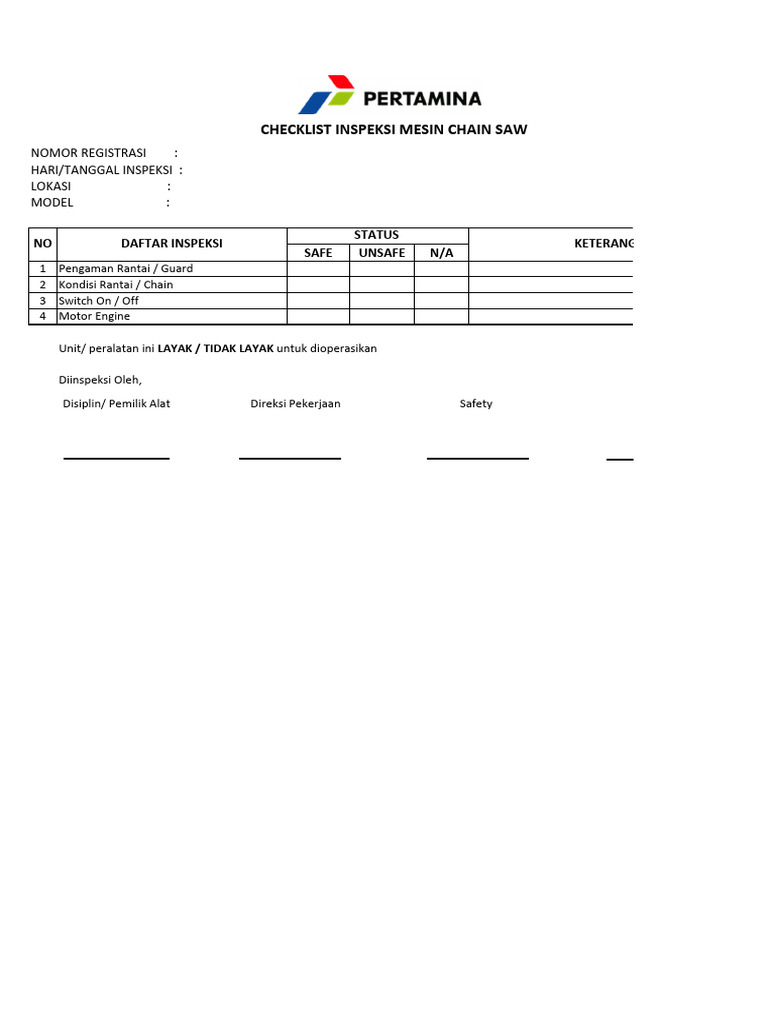 Checklist Inspeksi Mesin Chain Saw | PDF
