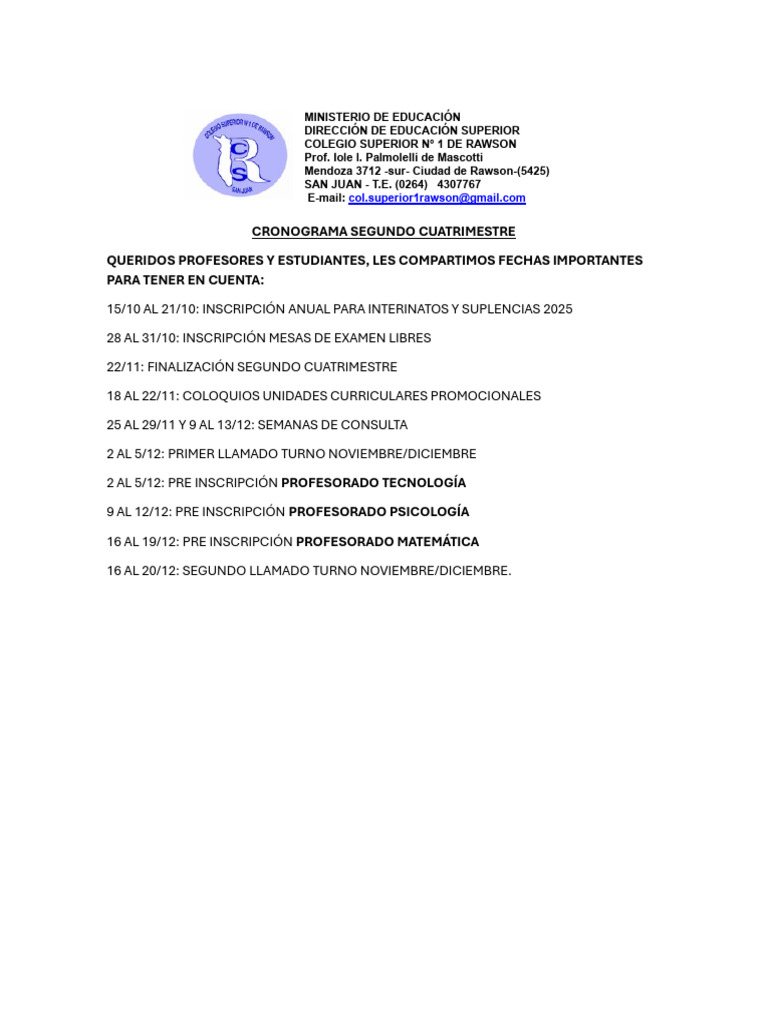 Fechas Fin 2do Cuatrimestre | PDF