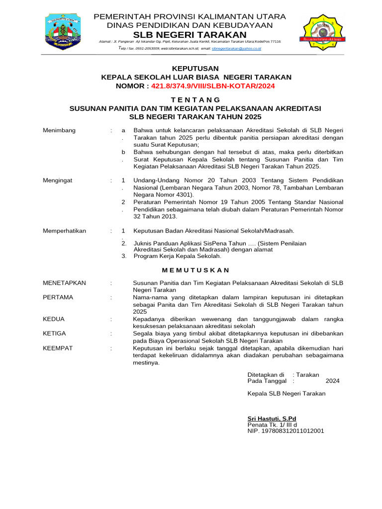 Panitia Akreditasi SLB Tarakan 2025 | PDF