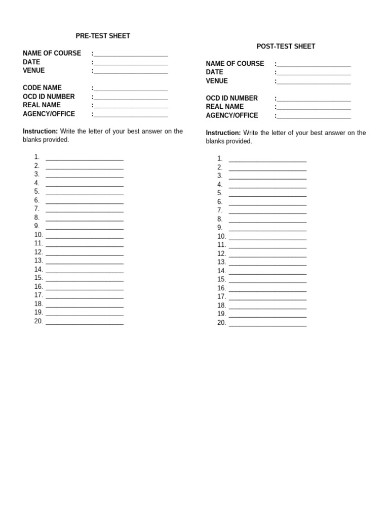 BICS - Pre and Post-Test Sheet | PDF | Career & Growth