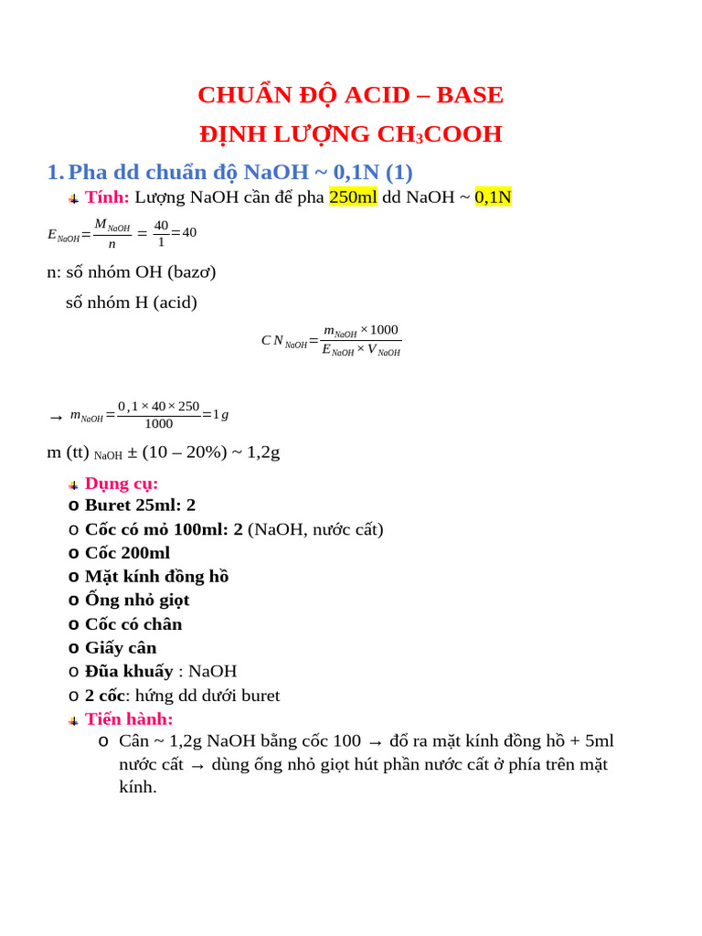 CHUẨN ĐỘ ACID - BASE ĐỊNH LƯỢNG CH3COOH | PDF