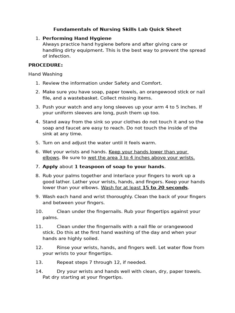 Fundamentals of Nursing Skills Lab Quick Sheet | PDF | Personal ...