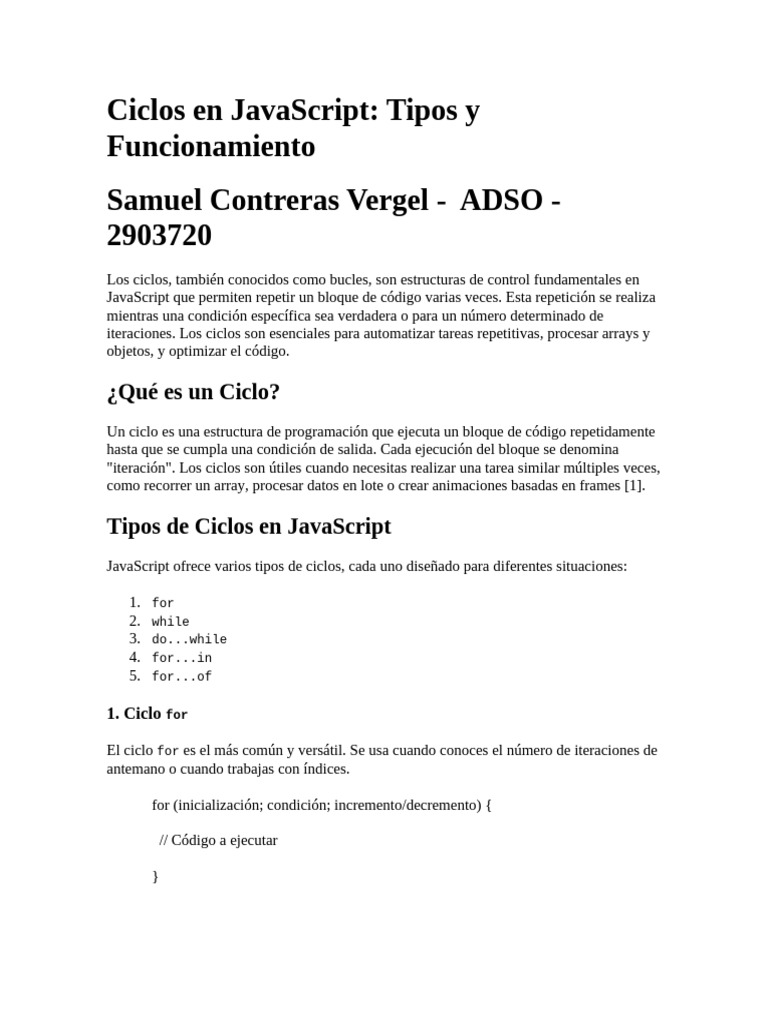 Bucles en JavaScript - Samuel Contreras Vergel | PDF | Script Java | Ingeniería de software