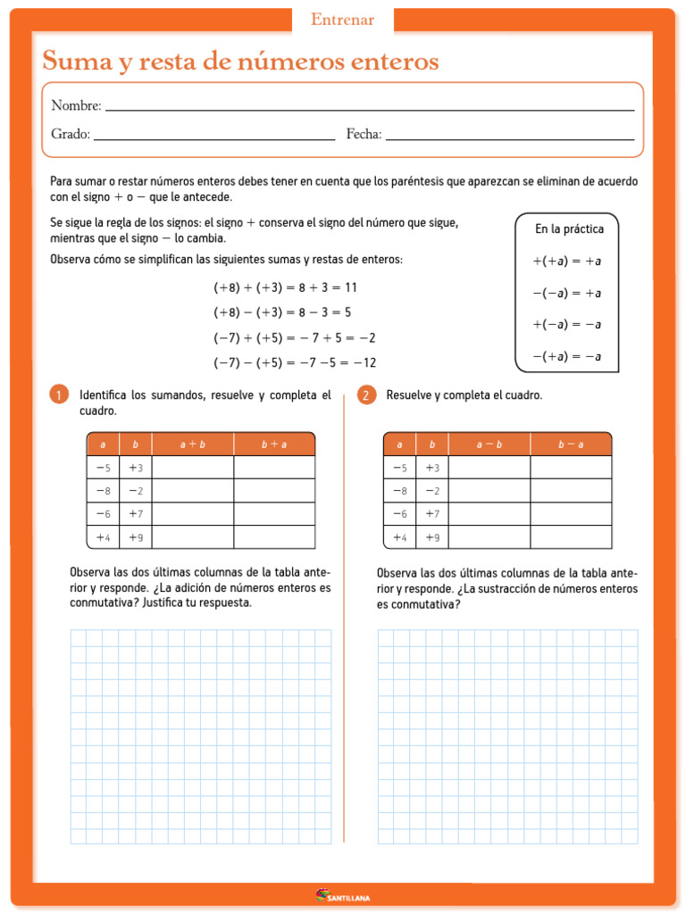 Suma y Resta de Números Enteros 1. | PDF