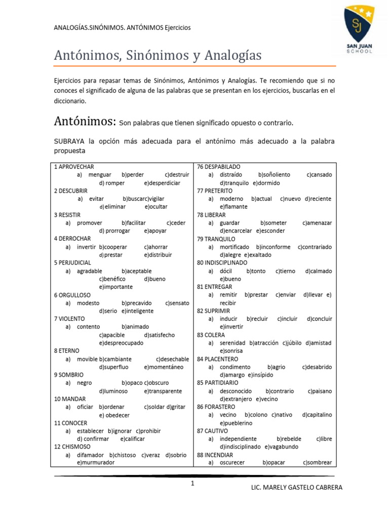 Sinonimos-Antonimos-Analogias - 6to Grado. | PDF