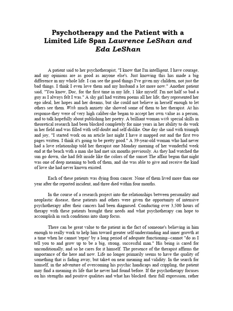 Psychotherapy and The Patient With A Limited Life Span | PDF ...