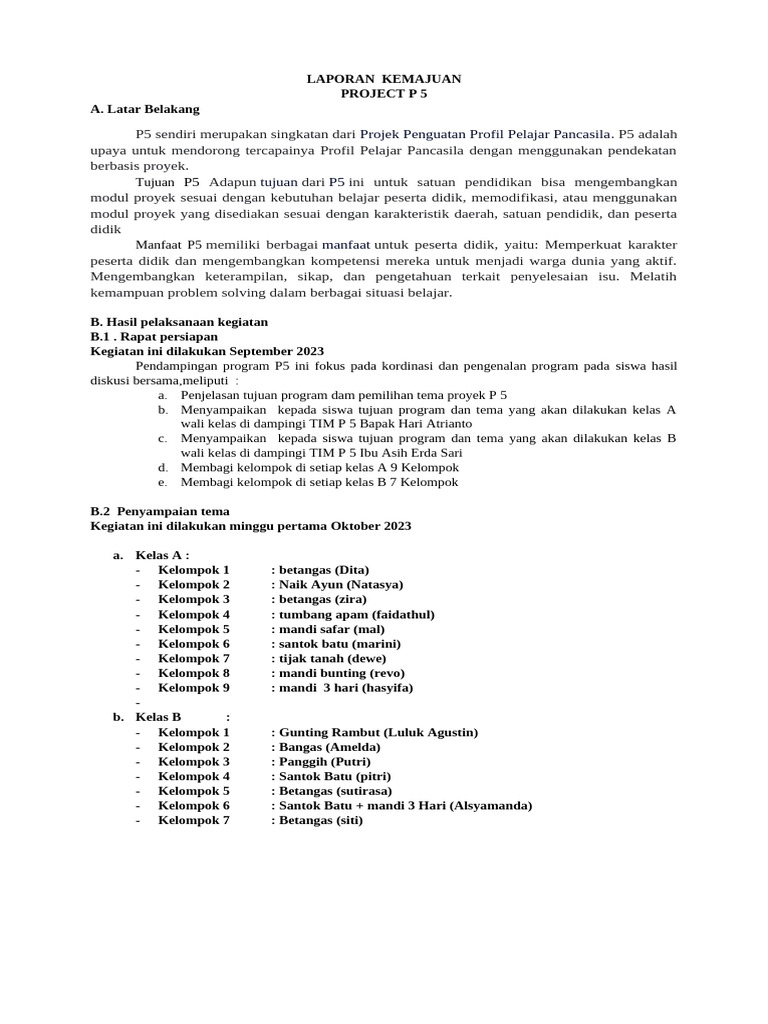 Laporan Progres P5 Oktober 2023 | PDF | Karier & Perkembangan | Kajian ...