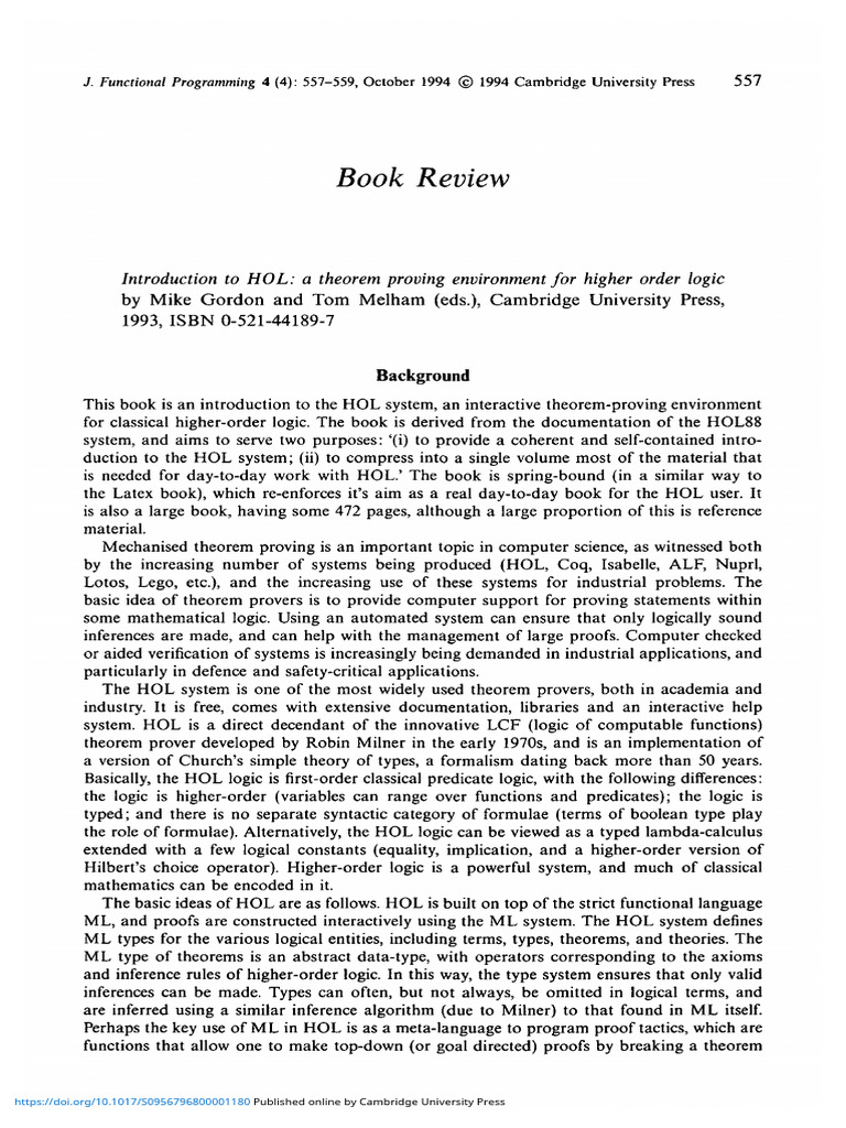 Book Review: Introduction To HOL: A Theorem Proving Environment For Higher Order Logic | PDF ...