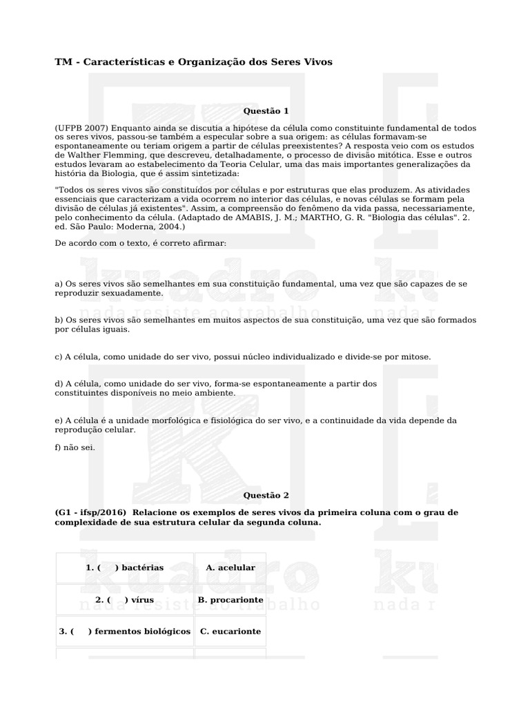 TM - Características e Organização Dos Seres Vivos - v2 | PDF | Célula ...