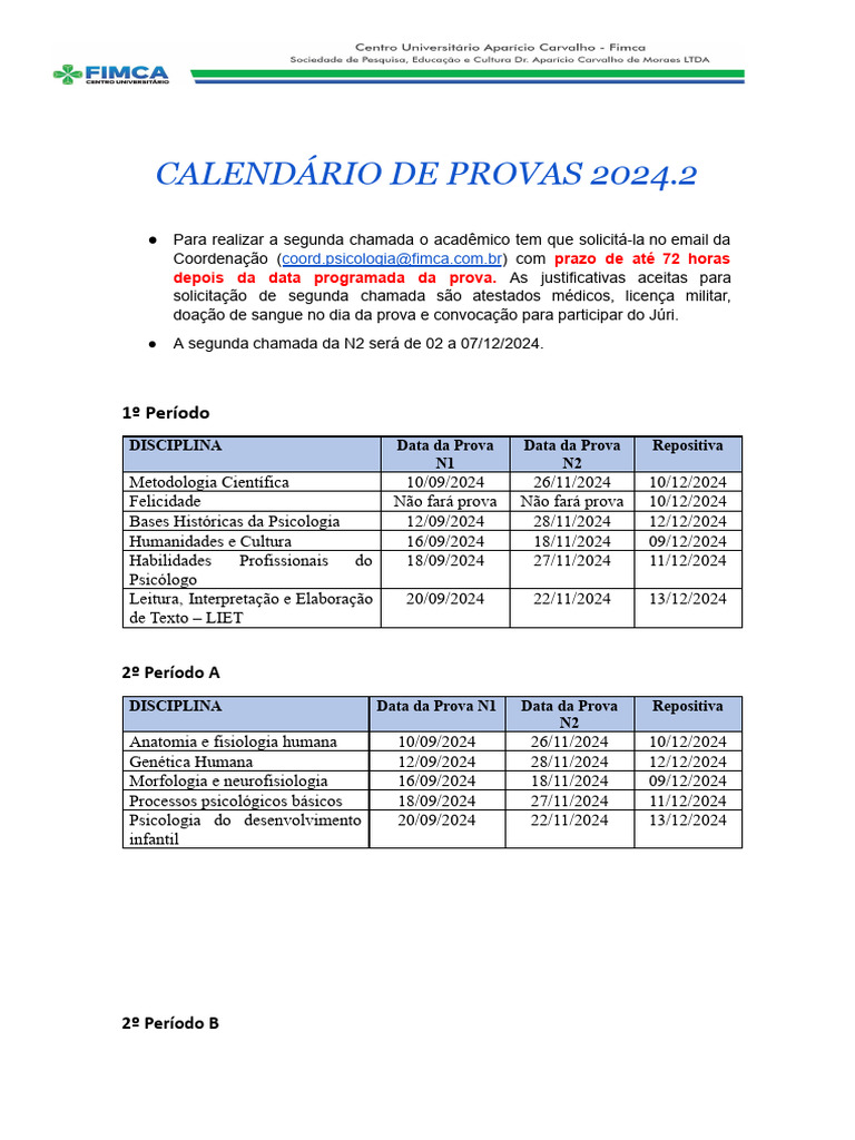 Calendário de Provas 2024.2 | PDF | Psicologia | Psicologia do ...