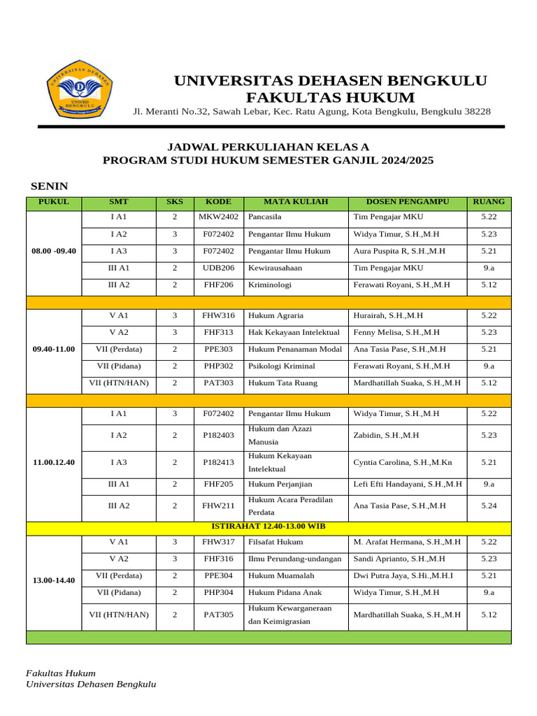 Jadwal Perkuliahan Ganjil 2024-2025 - Kelas A Final | PDF