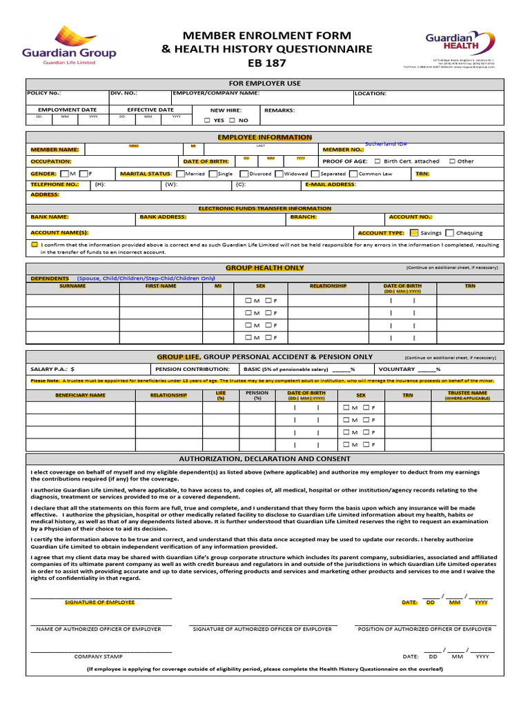 Member Enrolment Form & Health History Questionnaire EB 187: For ...