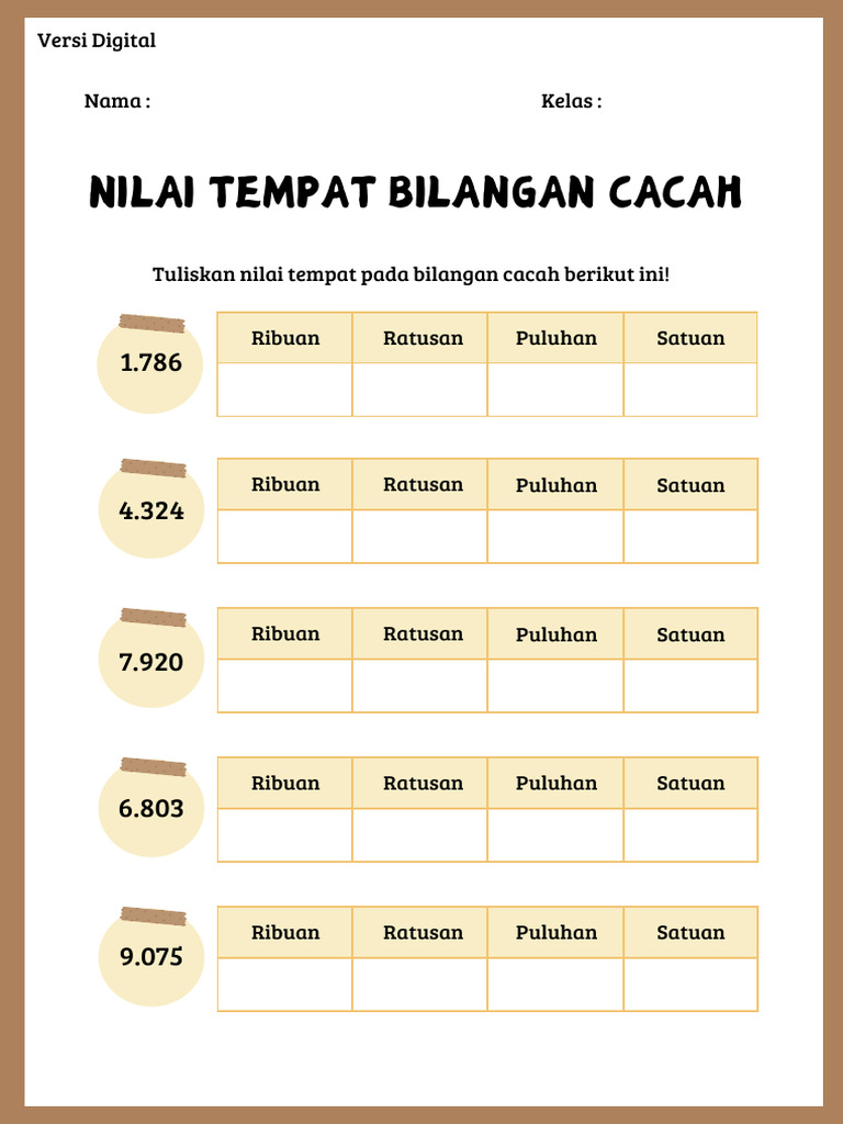 Nilai Tempat Bilangan Cacah Lembar Kerja Coklat Cream Putih Sederharna ...