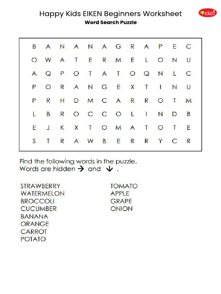 Happy Kids EIKEN Beginners Worksheet: Word Search Puzzle | PDF