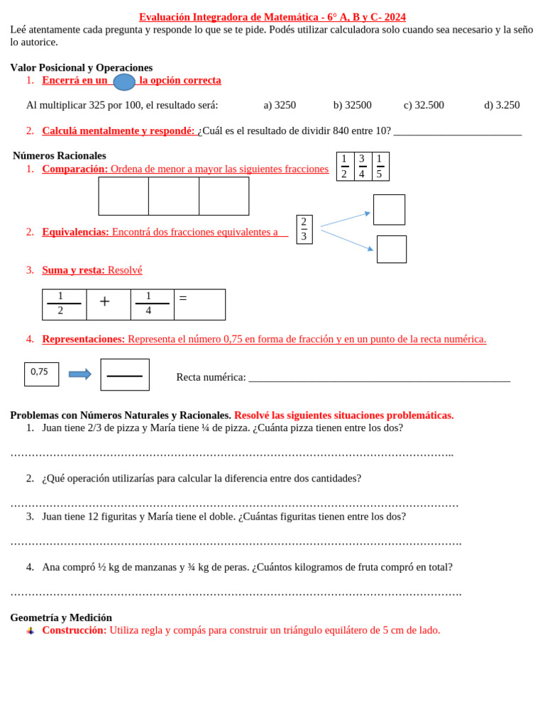 Evaluación Integradora de Matemática 2024 | PDF | Números | Matemáticas
