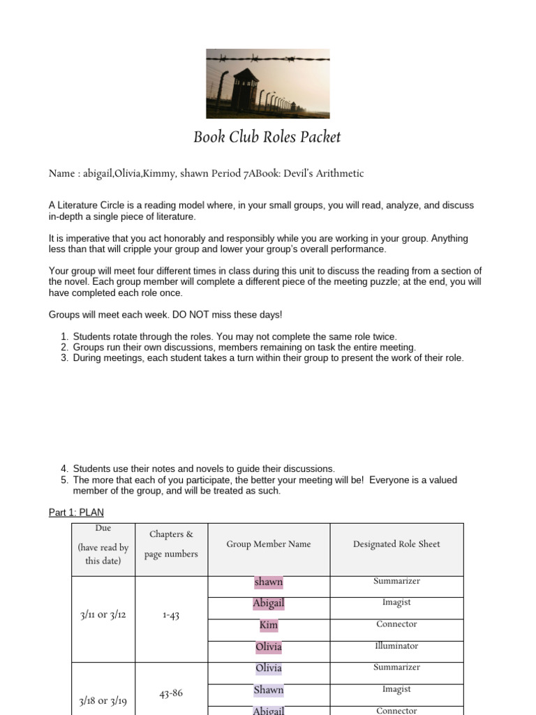 Book Club Roles for Devil’s Arithmetic | PDF | The Holocaust | Courage