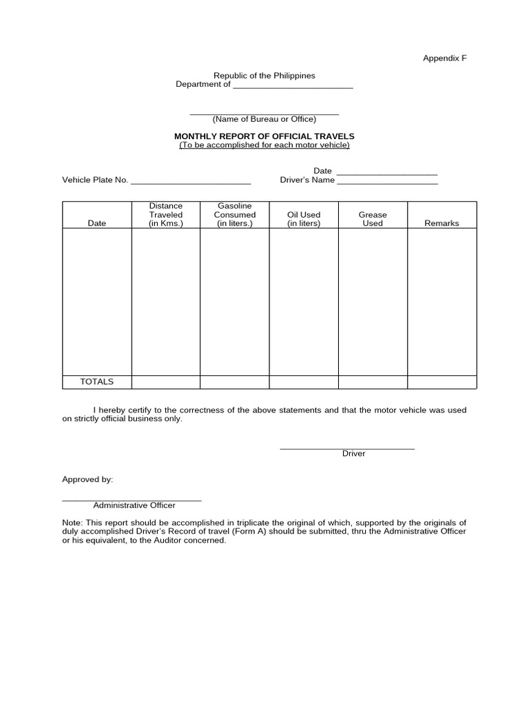 Monthly Official Travel Report Form | PDF