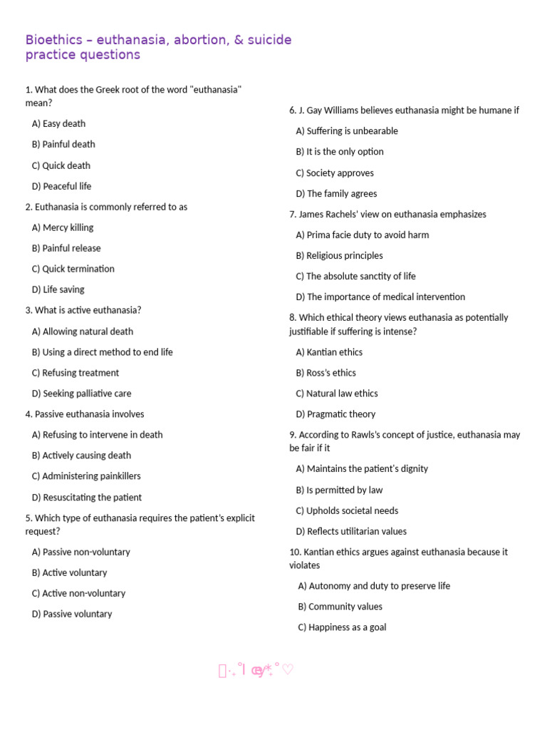 Bioethics PRCTCQSTN Suicide, Abortion, Euthanasia | PDF | Abortion ...