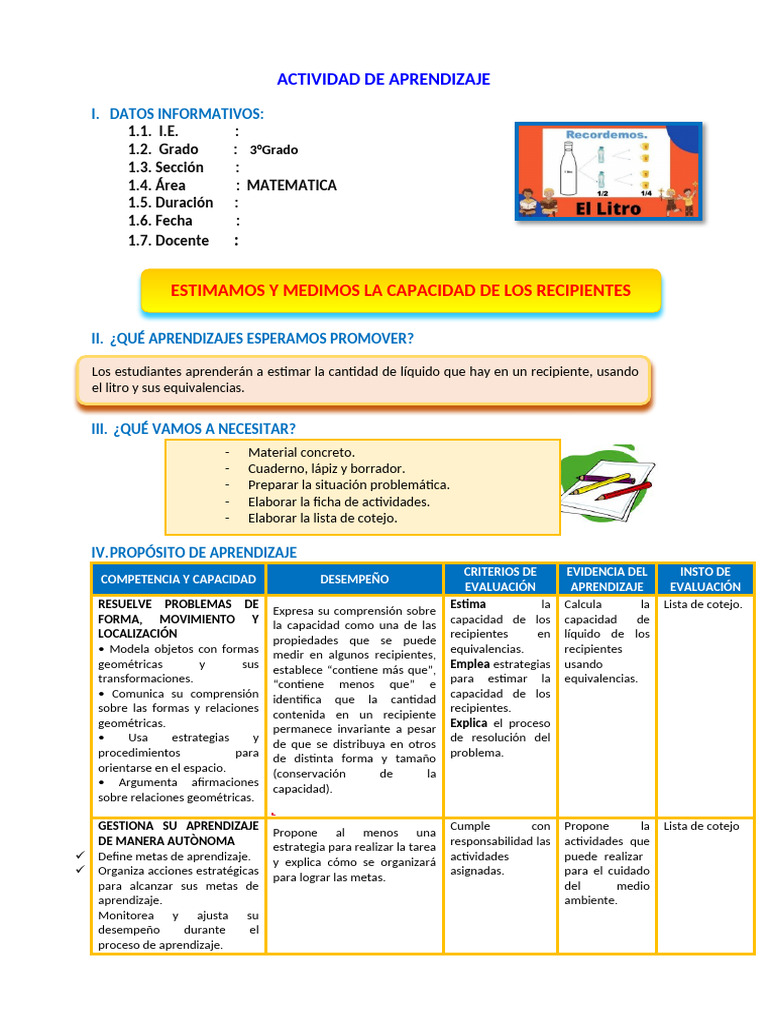 D4 A2 Sesion Mat. Estimamos y Medimos La Capacidad de Los Recipientes ...
