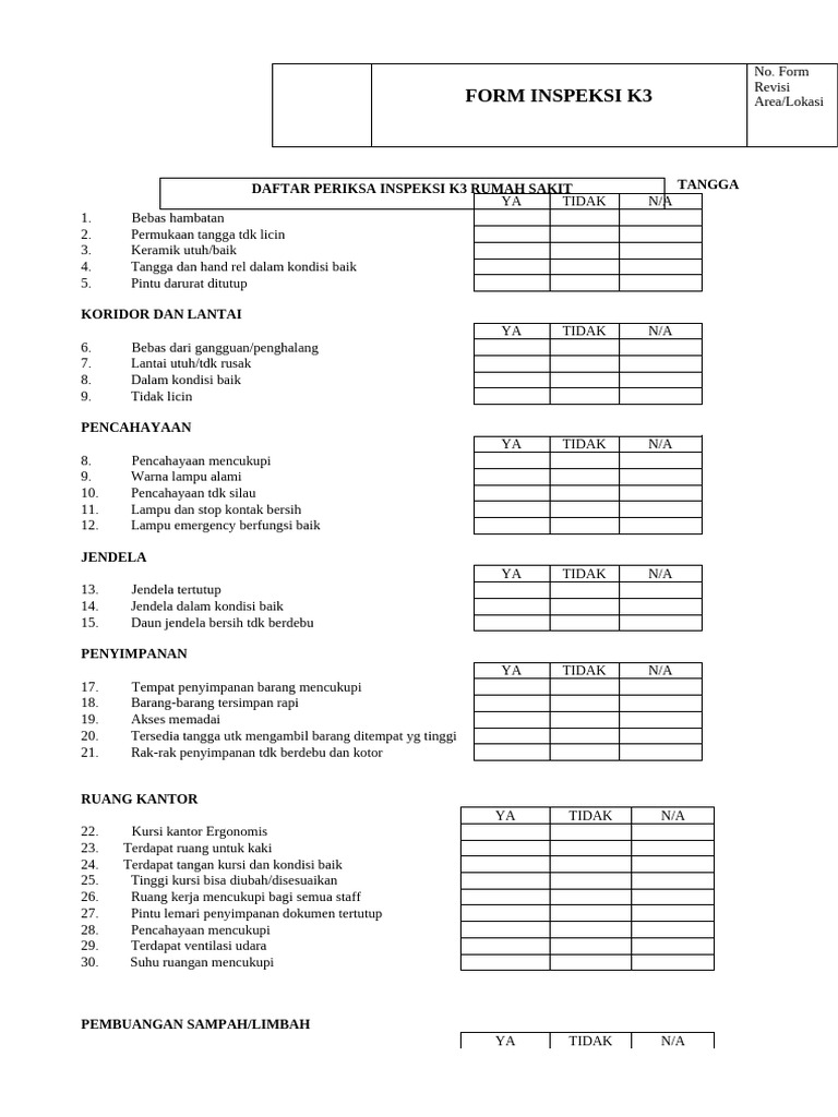 FORM Inspeksi K3 Rumah Sakit | PDF