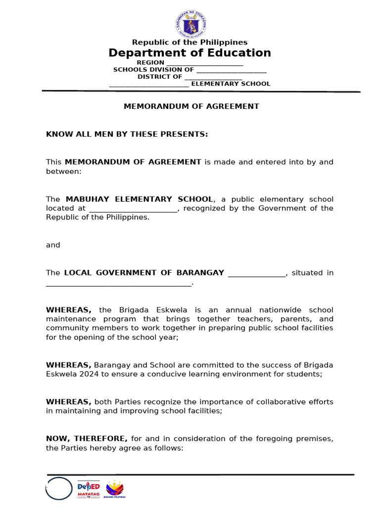 BE - Memorandum of Agreement (MOA) Sample 1 | PDF
